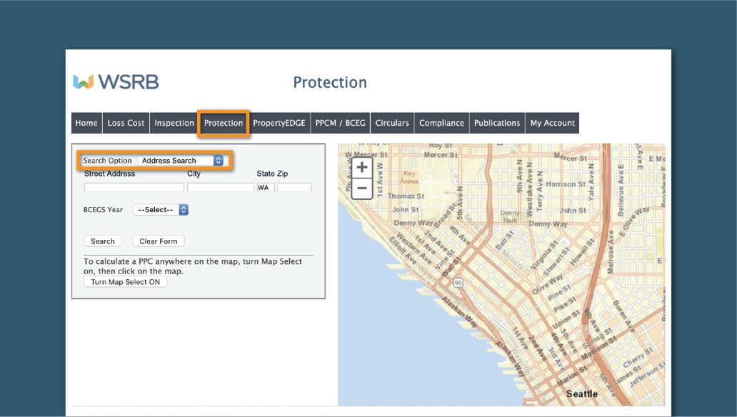 How do I find a protection class by address on WSRB.com?