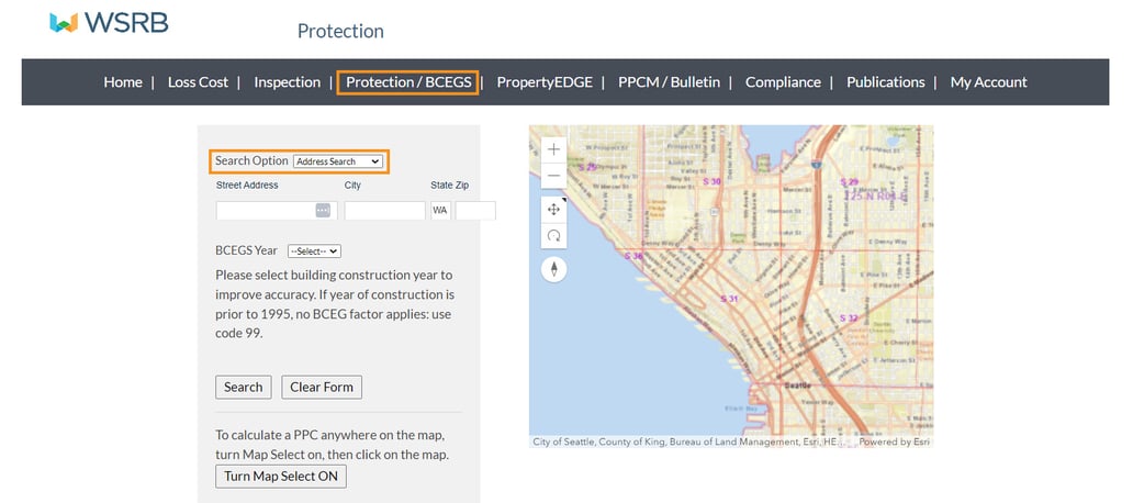 How do I find a protection class by address on WSRB.com?